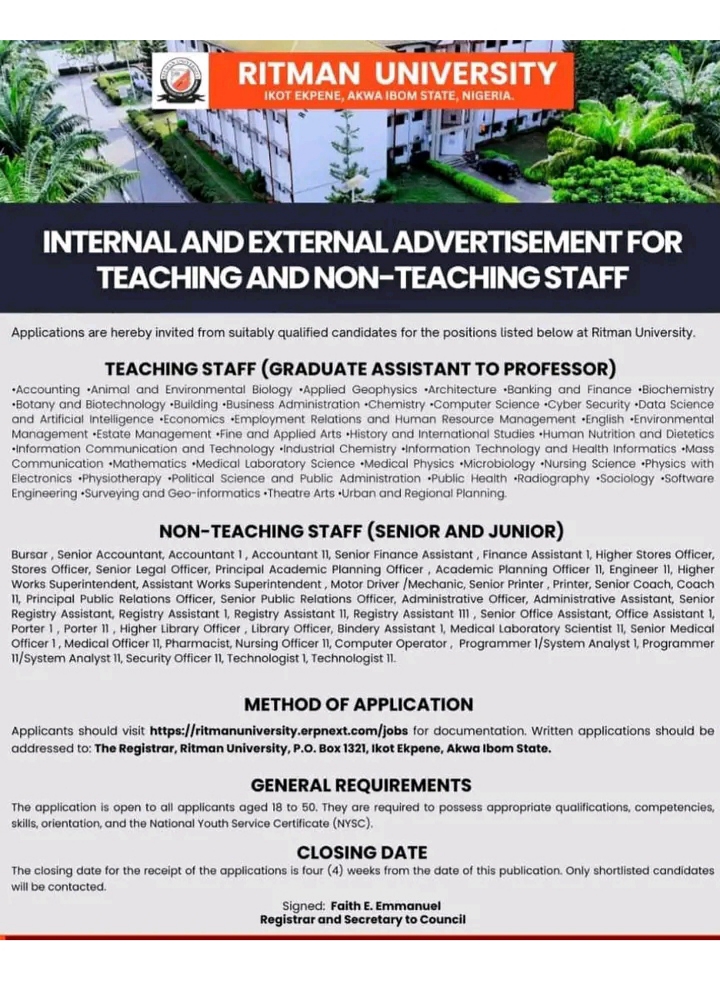 Ritman University Ikot Ekpene 2026 Job Recruitment Apply Now - Pulsenet